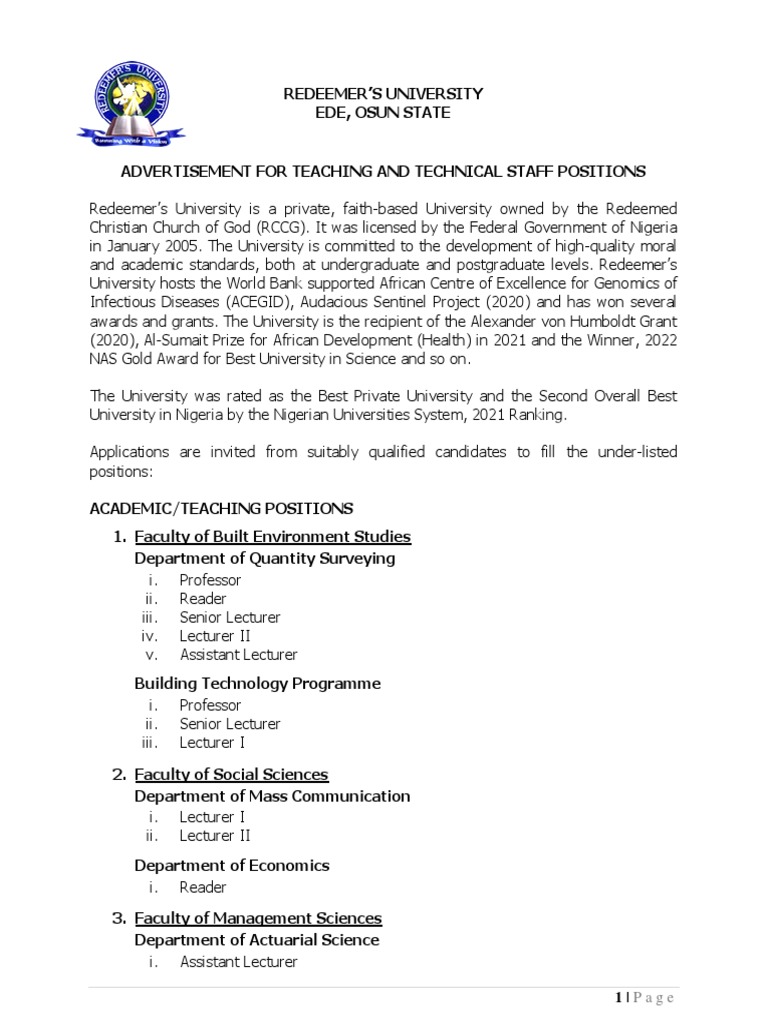 Advertisement For Teaching and Technical Staff Positions - April 2023 ...