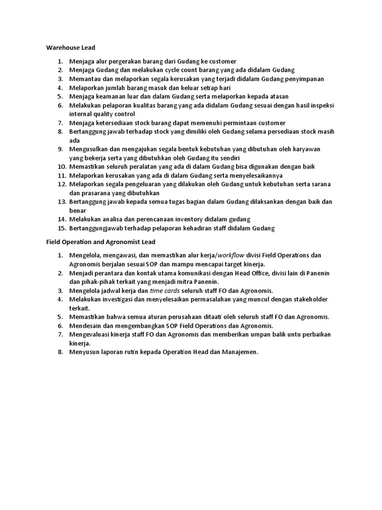 JD Warehouse Lead Dan FO-Agro Lead | PDF