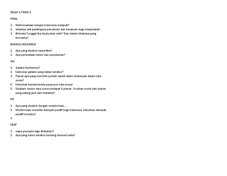 Soal Kelas 6 Tema 9 PPKN, IPA, IPS, dan SBdP | PDF
