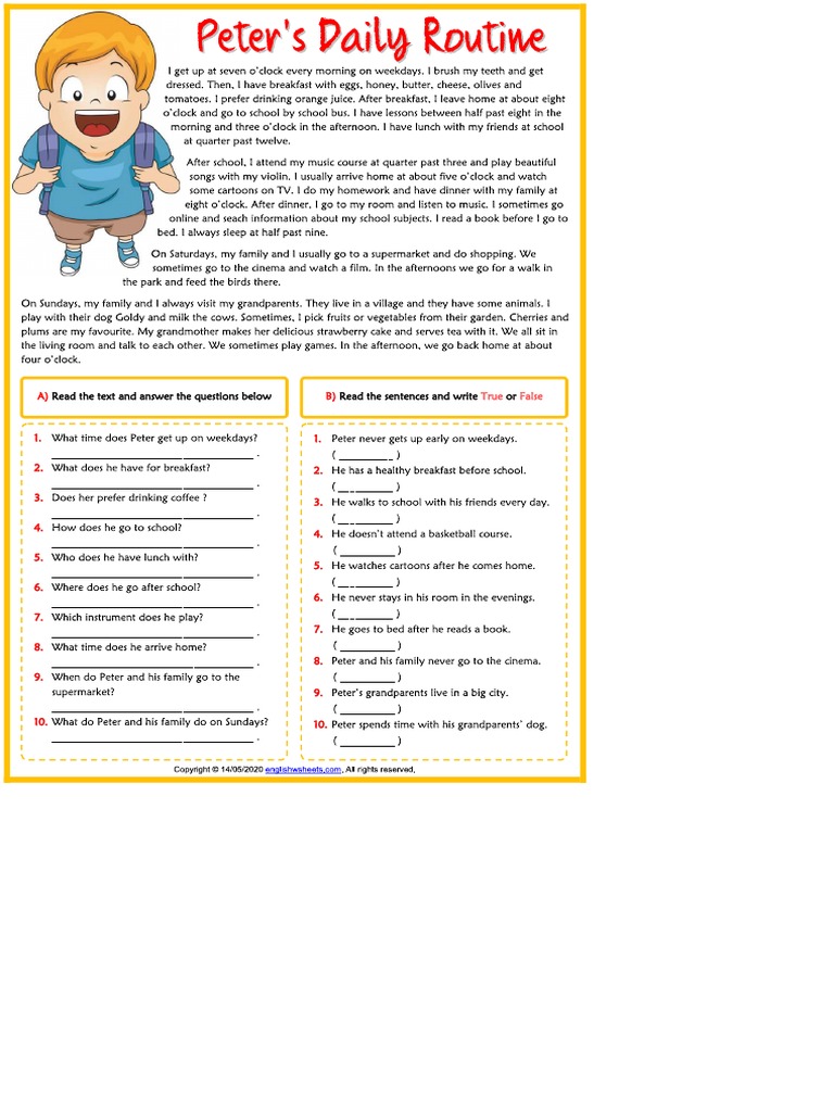 Present Simple Peters Daily Routine Esl Reading Comprehension Worksheet ...