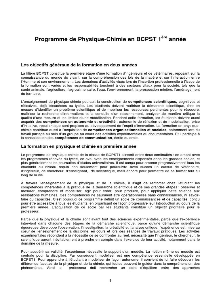 Programme de Physique-Chimie BCPST 1ère année | PDF