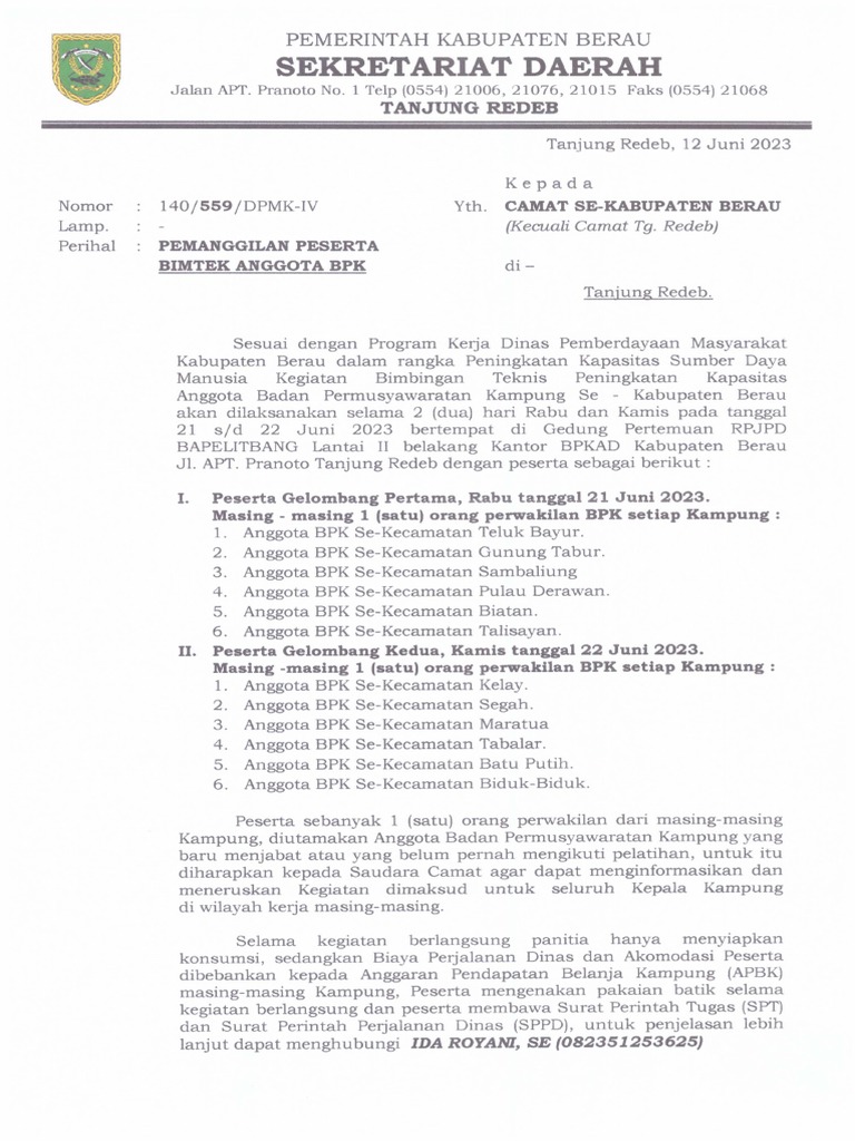 Surat Panggilan Peserta Bimtek Anggota BPK | PDF