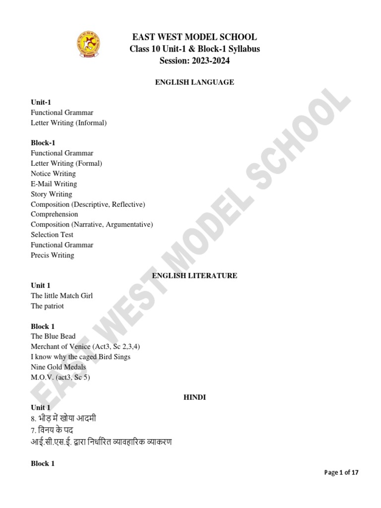 Class 10 Syllabus 2023-24 | PDF