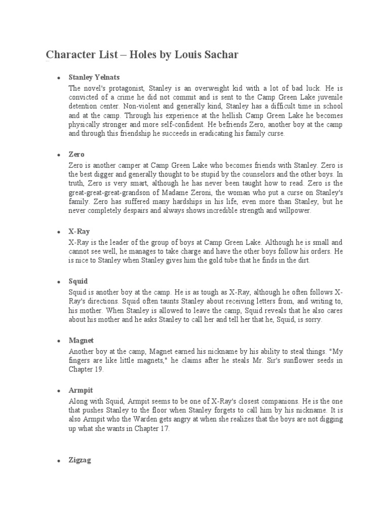 Character List HOLES Y7 | PDF | Mystery, Thriller & Crime Fiction ...