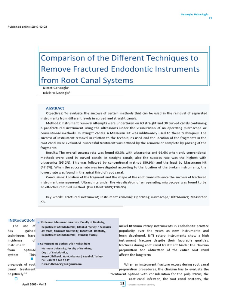 Comparison of The Different Techniques To Remove Fractured Endodontic ...