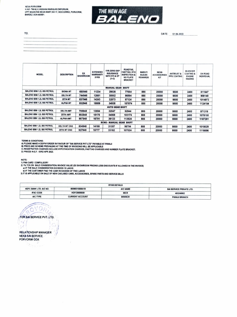 Maruti Baleno Pricing and Terms in Goa | PDF | Invoice | Car Body Styles