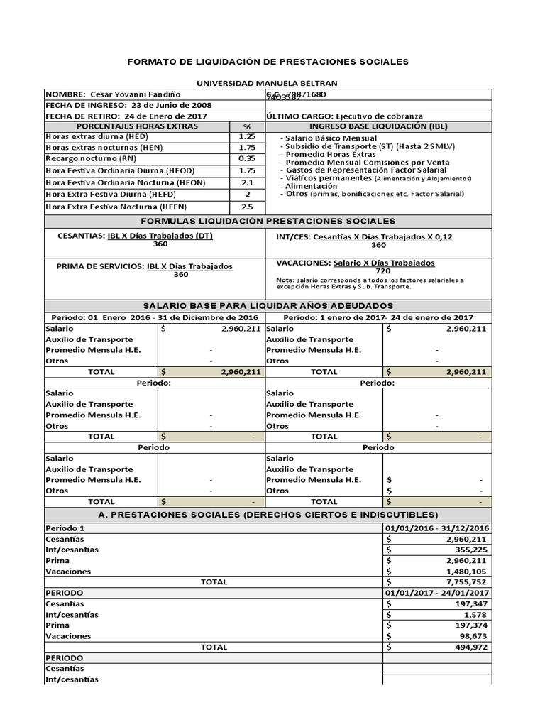 Formato Liquidacion Prestaciones Sociales | PDF