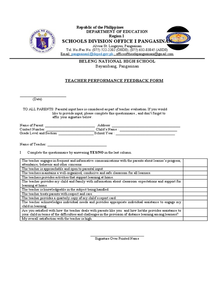 Teacher Performance Feedback Form | PDF