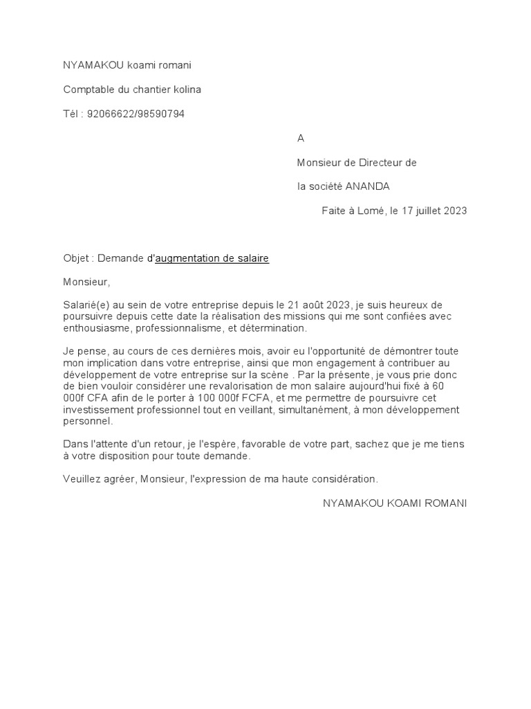 Lettre de Demande D'augmentation | PDF | Affaires | Finance et gestion ...