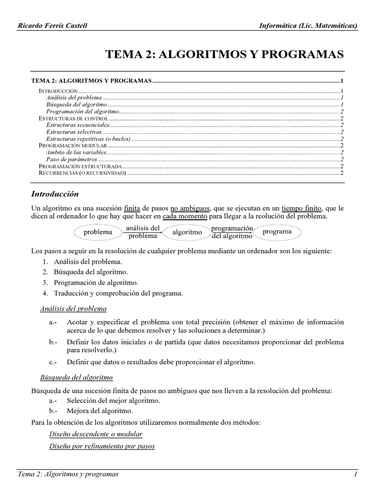 Tema 2 - Algoritmos y Programas - Esquema | PDF