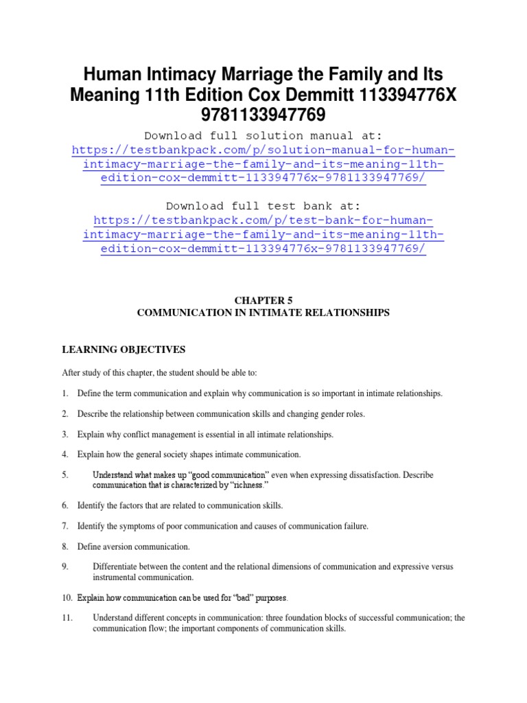 Human Intimacy Marriage The Family and Its Meaning 11th Edition Cox Solutions Manual 1 | PDF ...