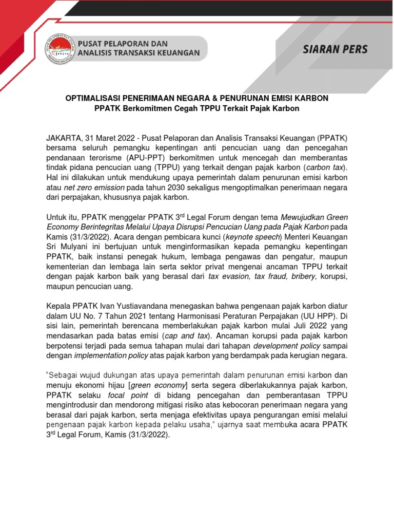 Optimalisasi Penerimaan Negara & Penurunan Emisi Karbon PPATK Berkomitmen Cegah TPPU Terkait ...