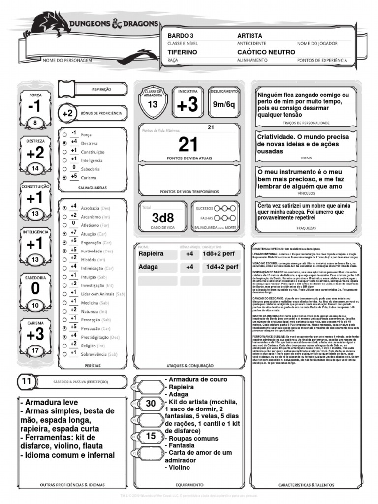 Ficha Tiferino Bardo Do Glamour | PDF