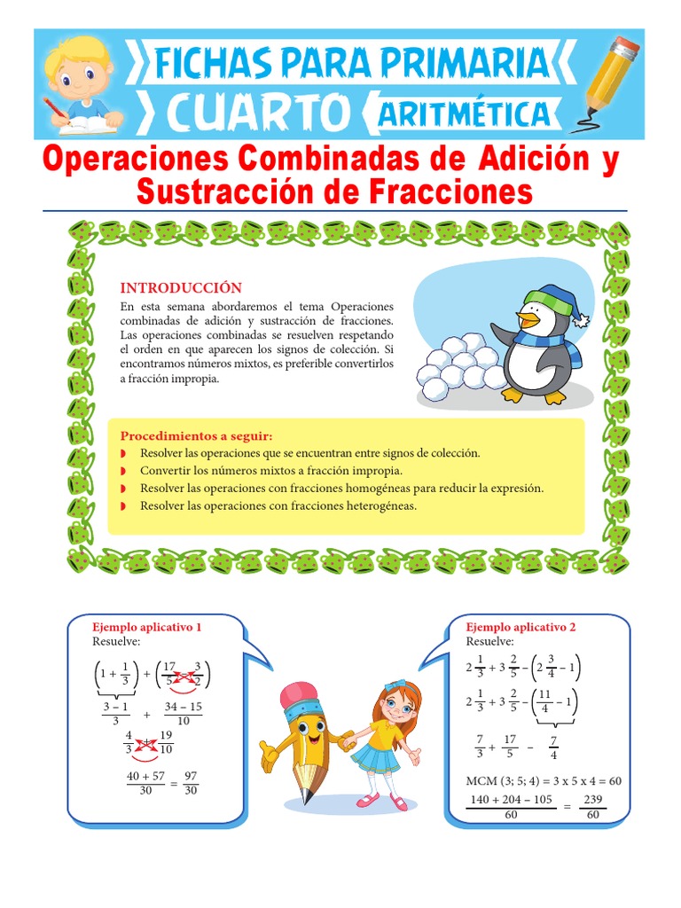 Operaciones de Adición y Sustracción de Fracciones para Cuarto de ...