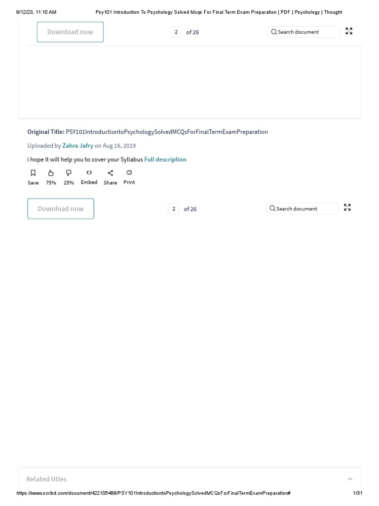 Psy101 Introduction To Psychology Solved Mcqs For Final Term Exam Preparation - PDF - Psychology ...