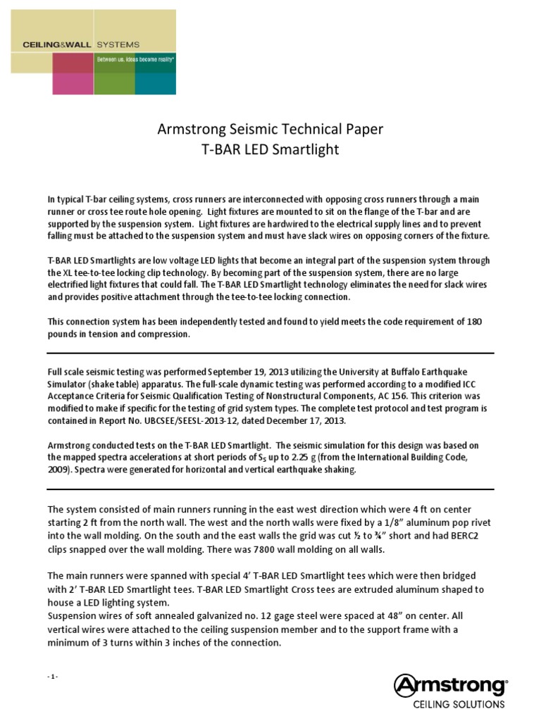 Armstrong Seismic Technical Paper T Bar Smartlight | PDF