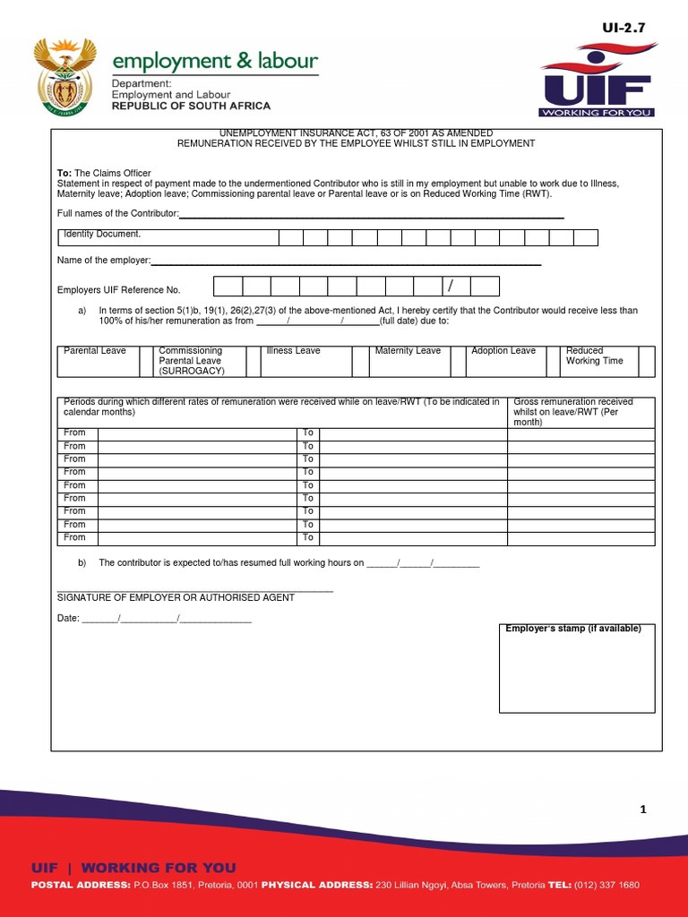 UIF Form UI-2.7 for Leave Certification | PDF