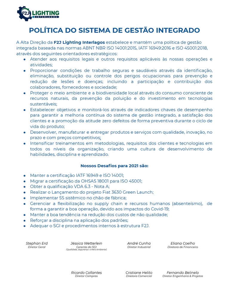 4Q0290 - Política Do Sgi - F2J Lighting Interlagos A4 | PDF
