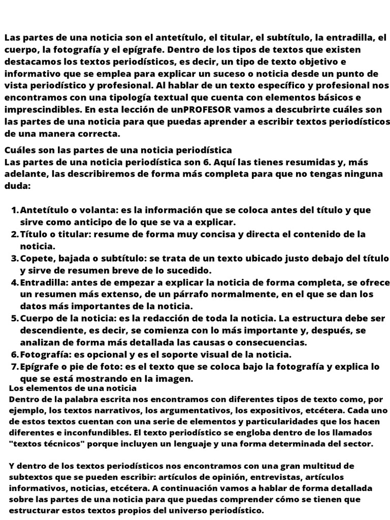 Las Partes de Una Noticia Son El Antetítulo, El Titular, El Subtítulo ...
