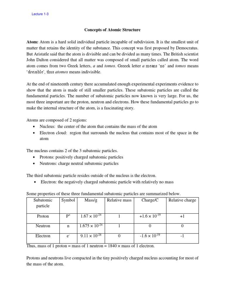 CHEM 2101 Lecture 1 (Atomic Structure) | PDF | Atoms | Proton