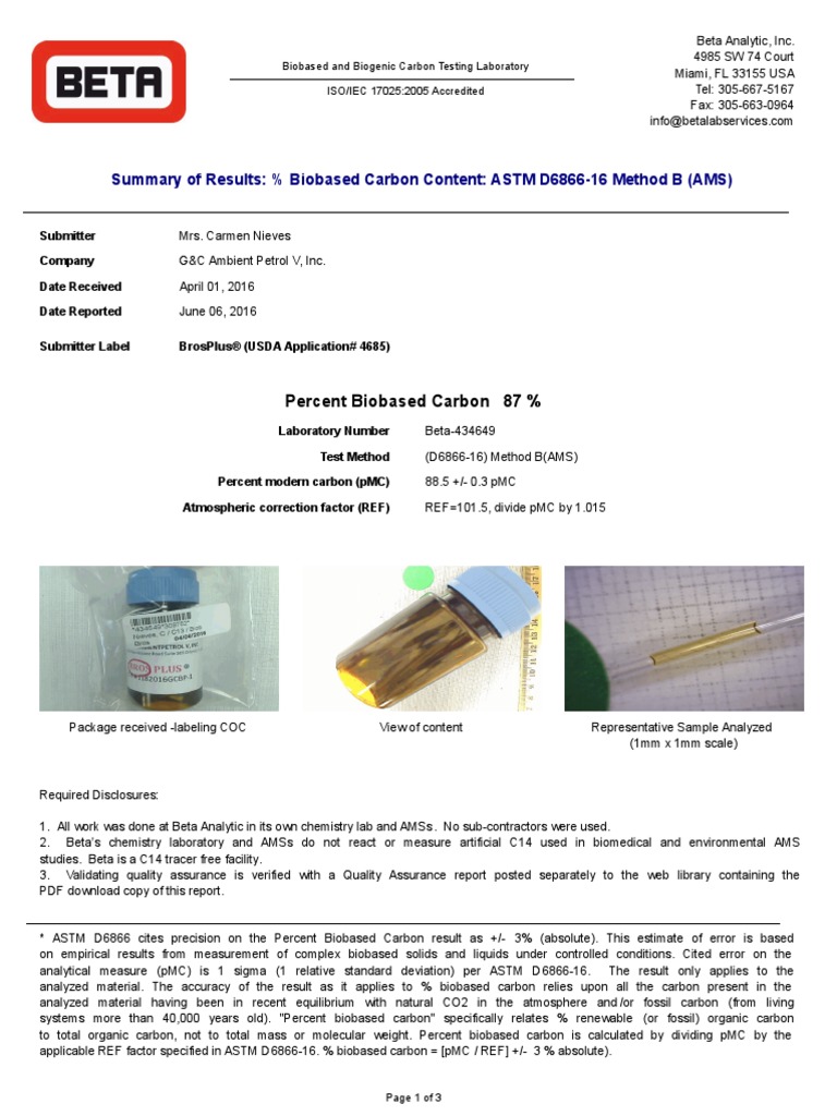 1.3 Beta-434649 ASTM D6866 Bros-Plus Biobase Determination | PDF | Radiocarbon Dating | Total ...