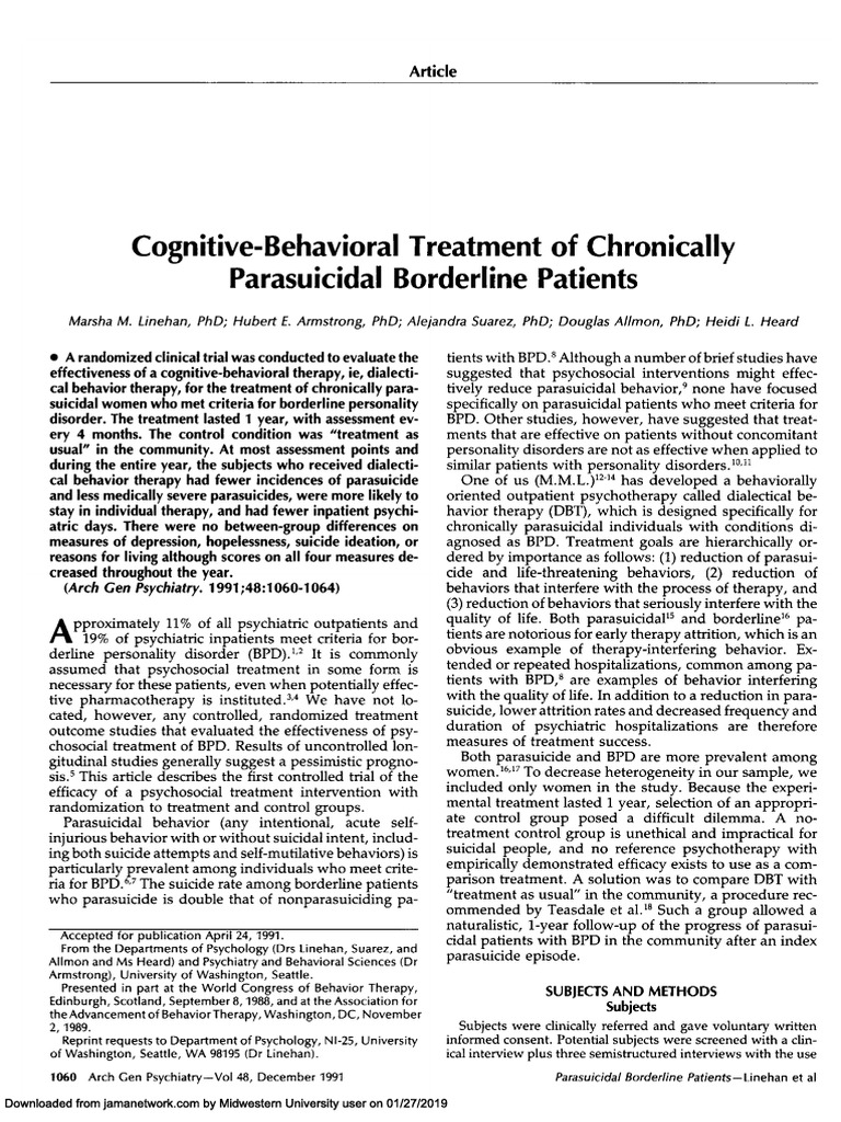 Linehan 1991 | PDF | Dialectical Behavior Therapy | Psychotherapy