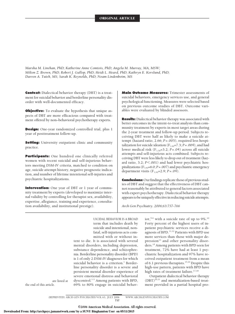 Linehan 2006 | PDF | Dialectical Behavior Therapy | Psychotherapy