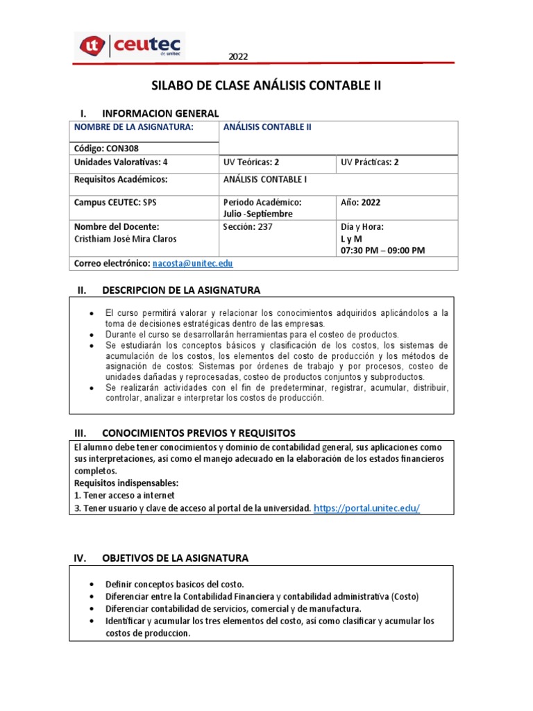 Sìlabo Anàlisis Contable II - Sección 237 | PDF | Contabilidad | Salón de clases