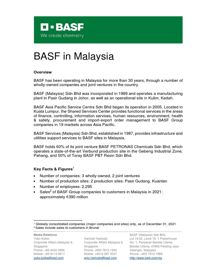 BASF in Malaysia Backgrounder-2021 | PDF | Plastic | Malaysia