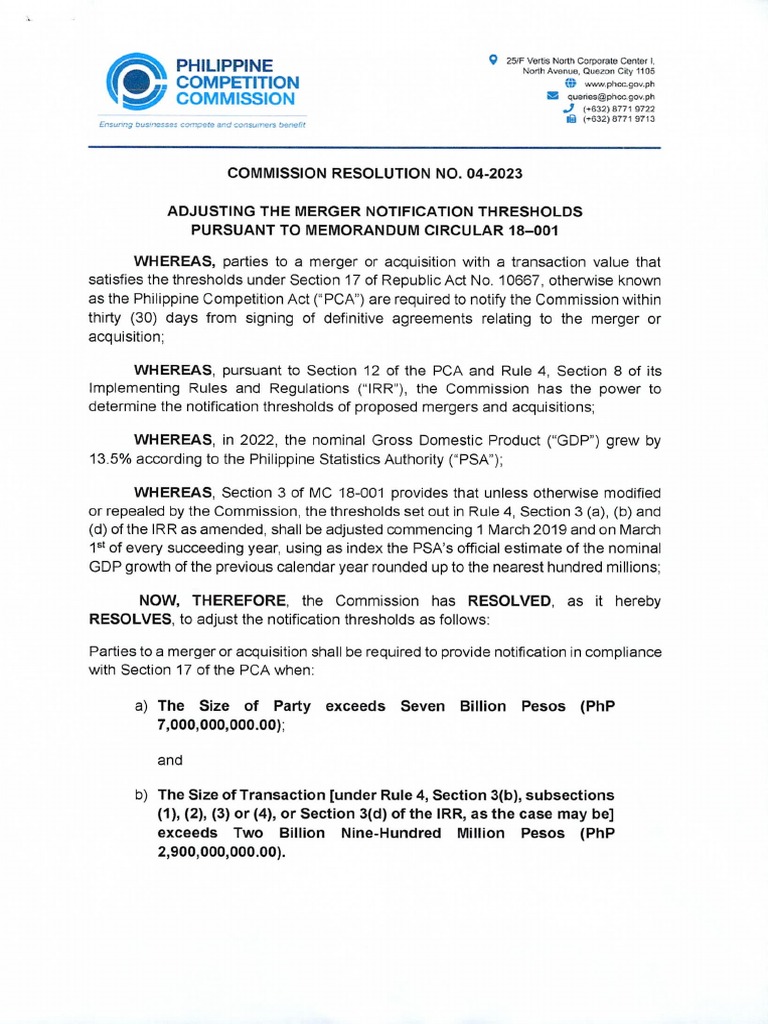 PCC - Commission Resolution No. 04 2023 - Thresholds Adjustment | PDF