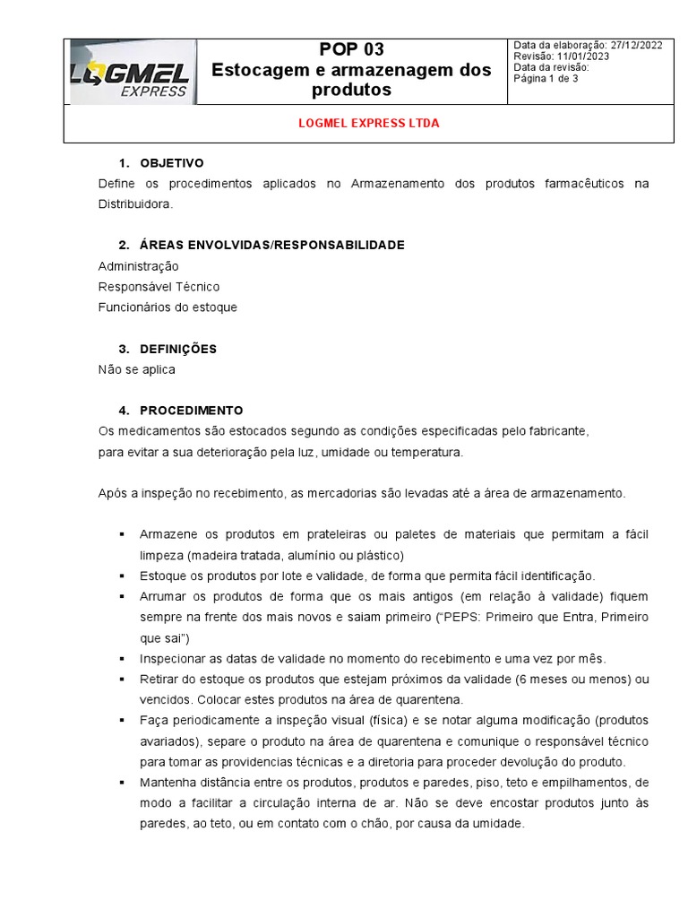 POP 03 - Estocagem e Armazenamento Dos Produtos | PDF