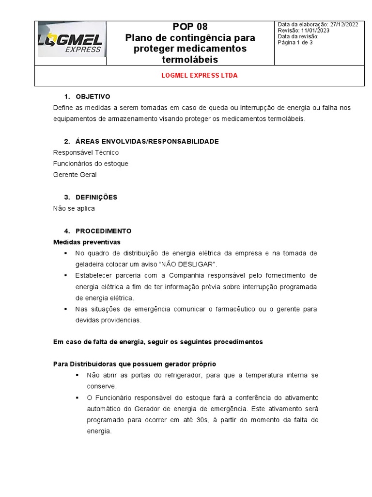 POP 08 - Plano de Contingência para Proteger Medicamentos Termoláveis | PDF