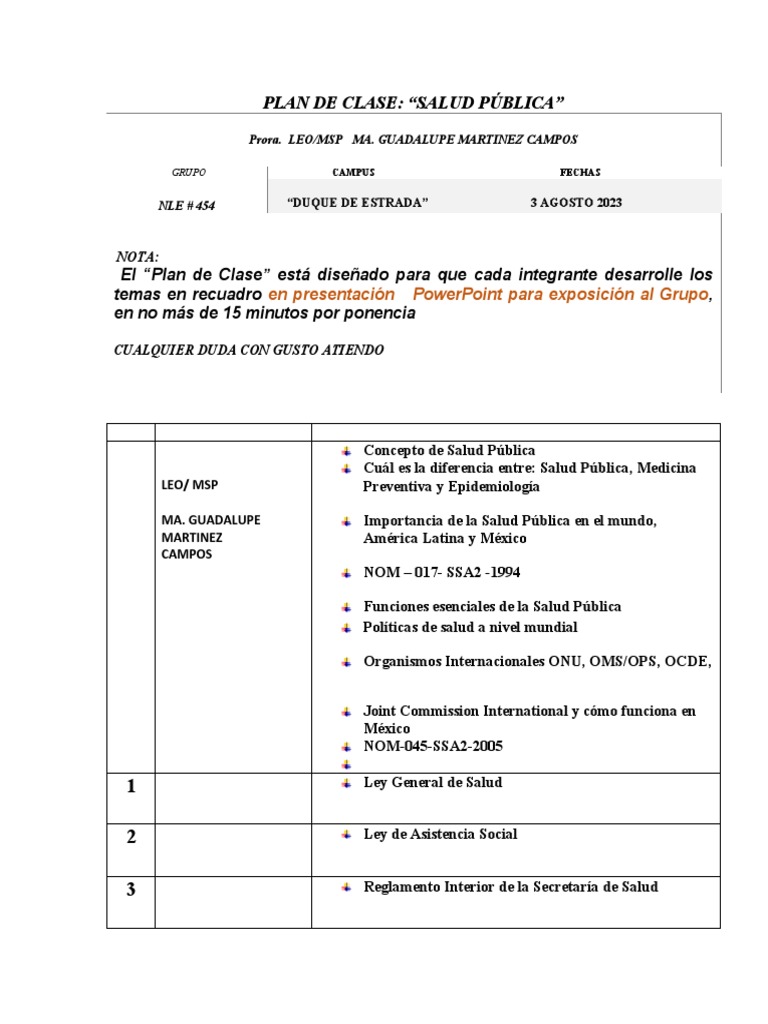 Nle # 454 Plan de Clase Salud Pública | PDF
