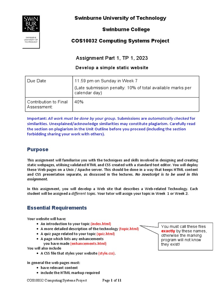 Assignment Part 1, TP 1, 2023: Swinburne University of Technology Swinburne College COS10032 ...