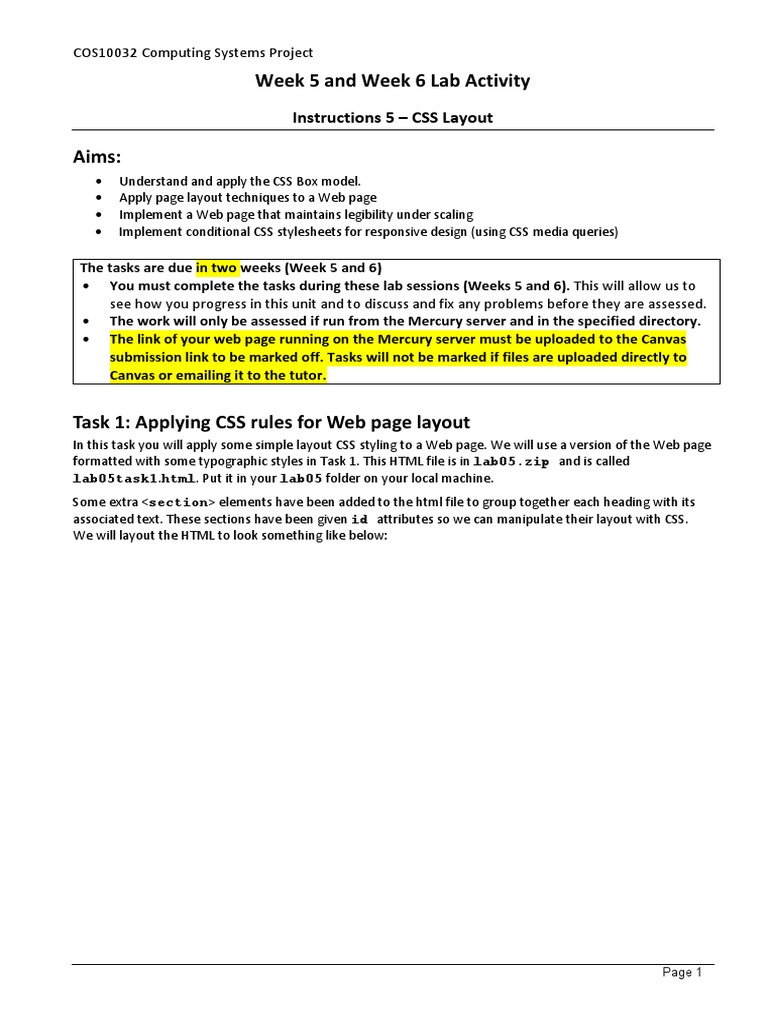 Week 5 and Week 6 Lab Activity Aims:: Instructions 5 - CSS Layout | PDF | World Wide Web ...