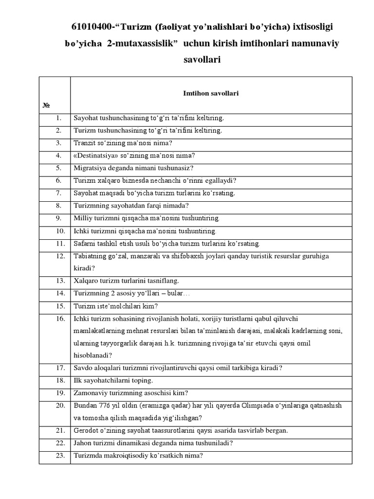 Ikkinchi Mutahasisslik Suhbat Savollari | PDF