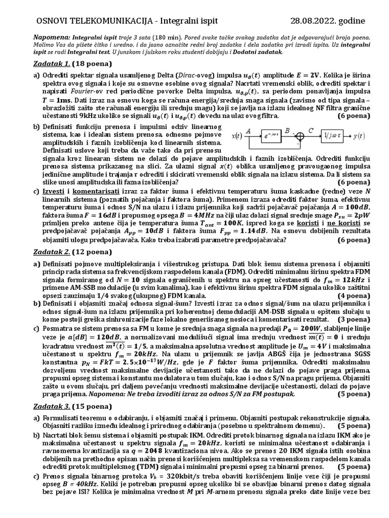 Osnovi Telekomunikacija - Integralni Ispit - 28082022 - Zadaci | PDF