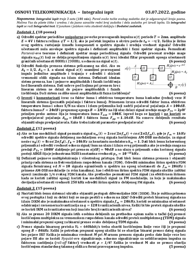 Osnovi Telekomunikacija - Integralni Ispit - 03072022 - Zadaci | PDF