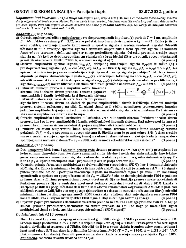 Osnovi telekomunikacija - Parcijalni ispit - 03072022 - Zadaci | PDF