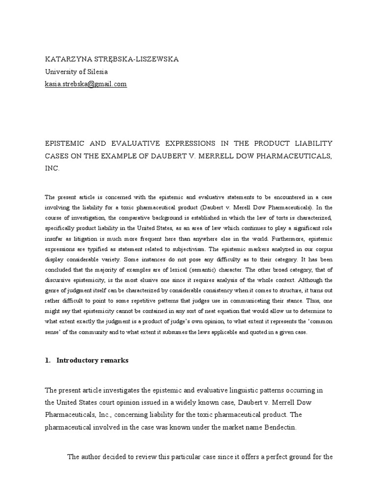 Daubert V Merrell Dow Pharmaceuticals | PDF | Product Liability | Tort