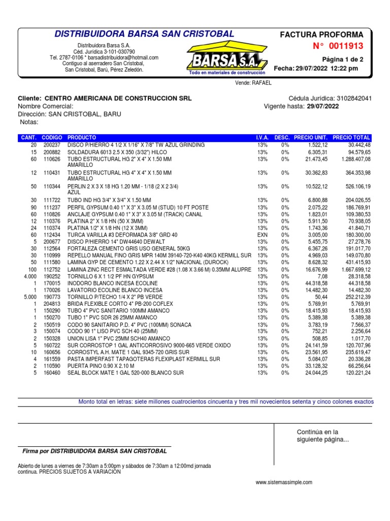 SIMPLE-FACTURA PROFORMA 11913 (CENTRO AMERICANA DE CONSTRUCCION SRL ...