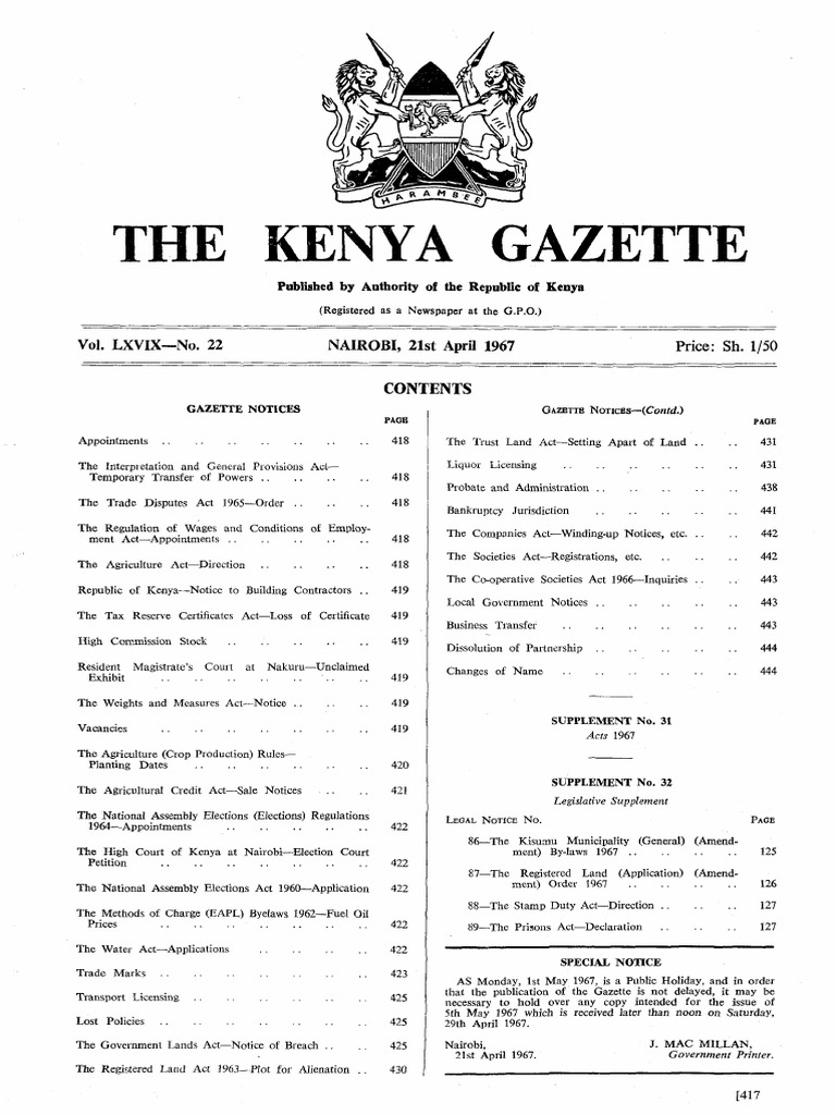 Kenya Gazette Notices 1967 | PDF | By Law