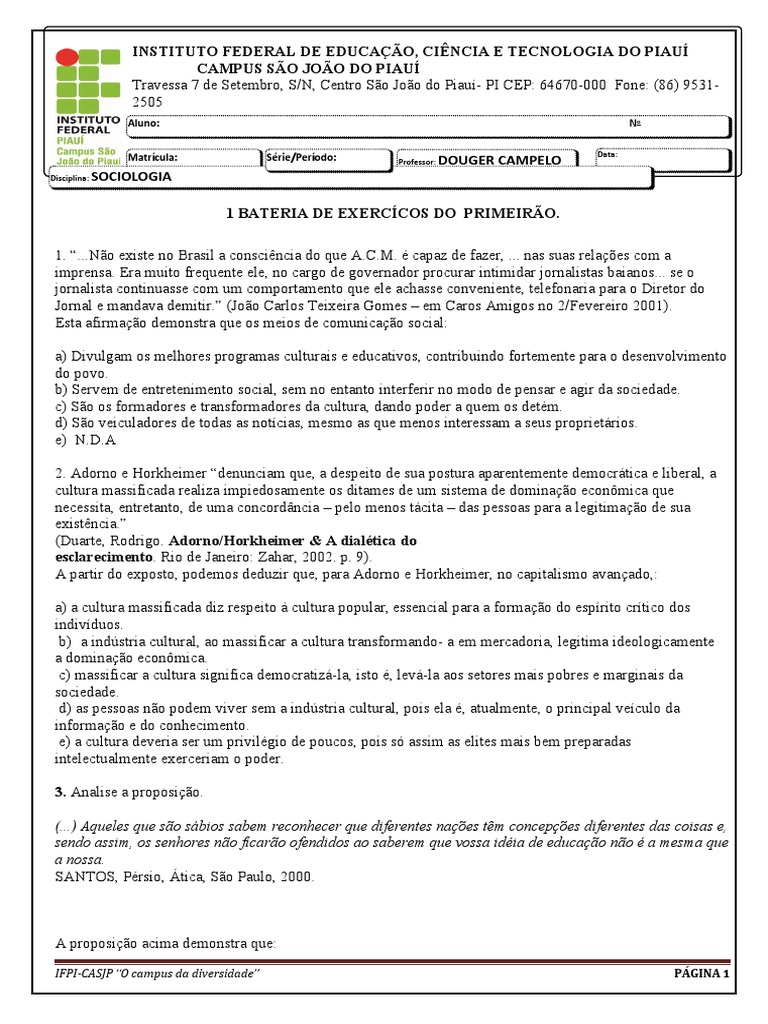 Bateria de Exer 1 Ano | PDF | Sociologia | Sociedade