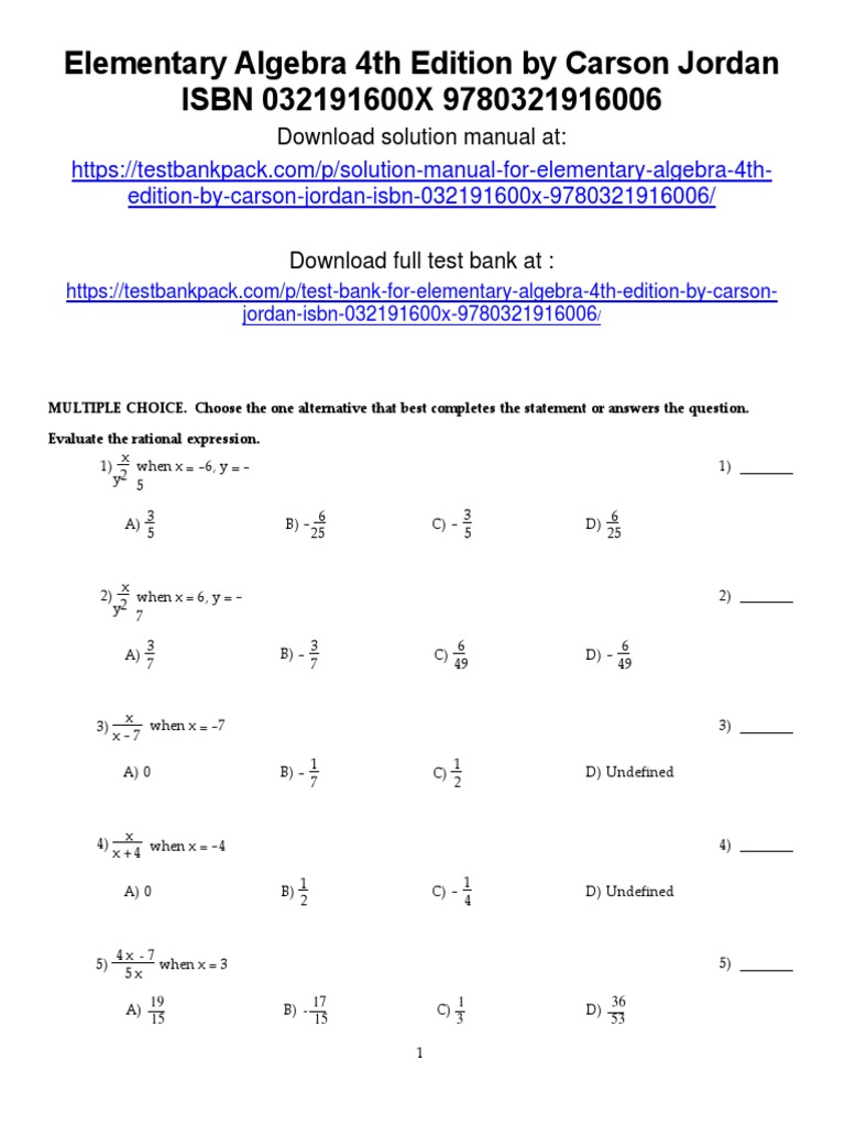 Elementary Algebra 4th Edition Carson Test Bank Download | PDF ...