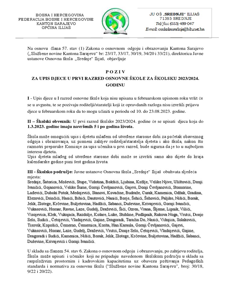 Poziv Za Upis U I Razred-2023-2024-Avgust | PDF