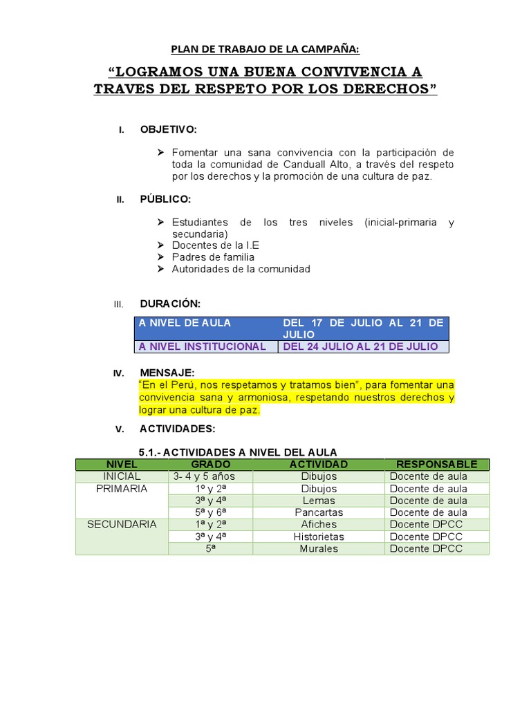 Plan de Trabajo-Campaña Canduall Alto | PDF | Crecimiento personal y ...