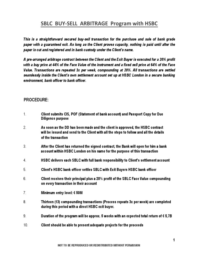 SBLC BUY-SELL ARBITRAGE Program With HSBC | PDF