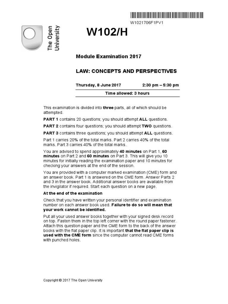 W1021706F1PV1 : Module Examination 2017 Law: Concepts and Perspectives | PDF | Arrest | Prosecutor