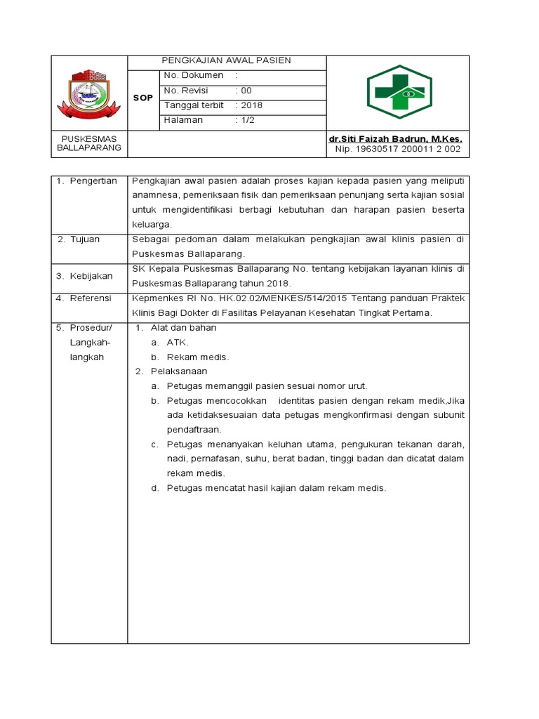 Sop Pengkajian Awal Pasien | PDF