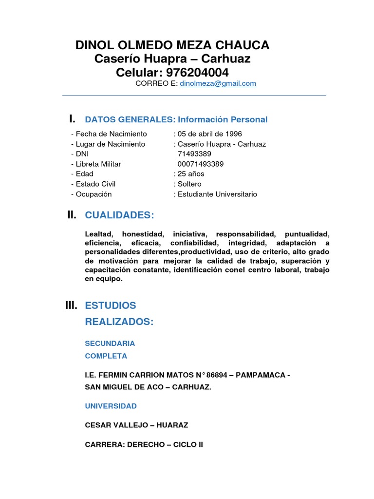 Curriculum Vitae - Dinol Olmedo Meza Chauca | PDF